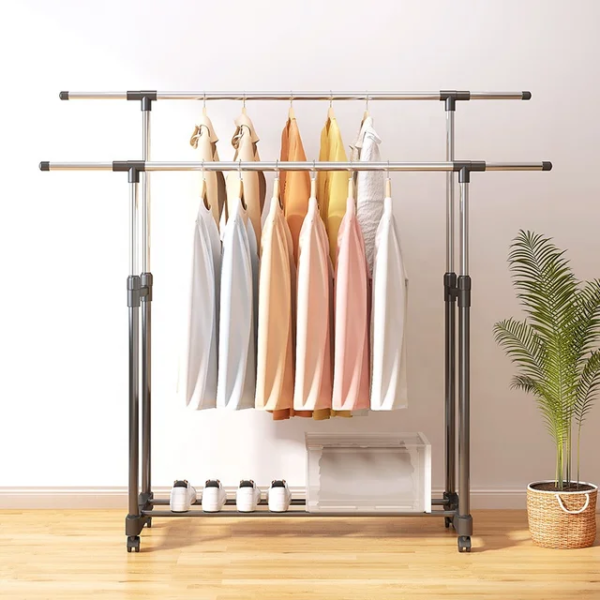 Adjustable Stainless Steel Double-Pole Clothing Rack with Bottom ...