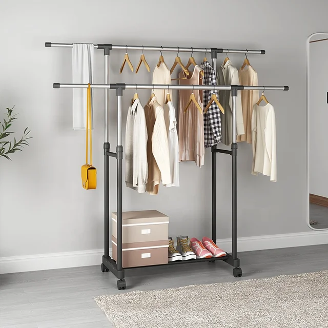 Adjustable Stainless Steel Double-Pole Clothing Rack with Bottom ...